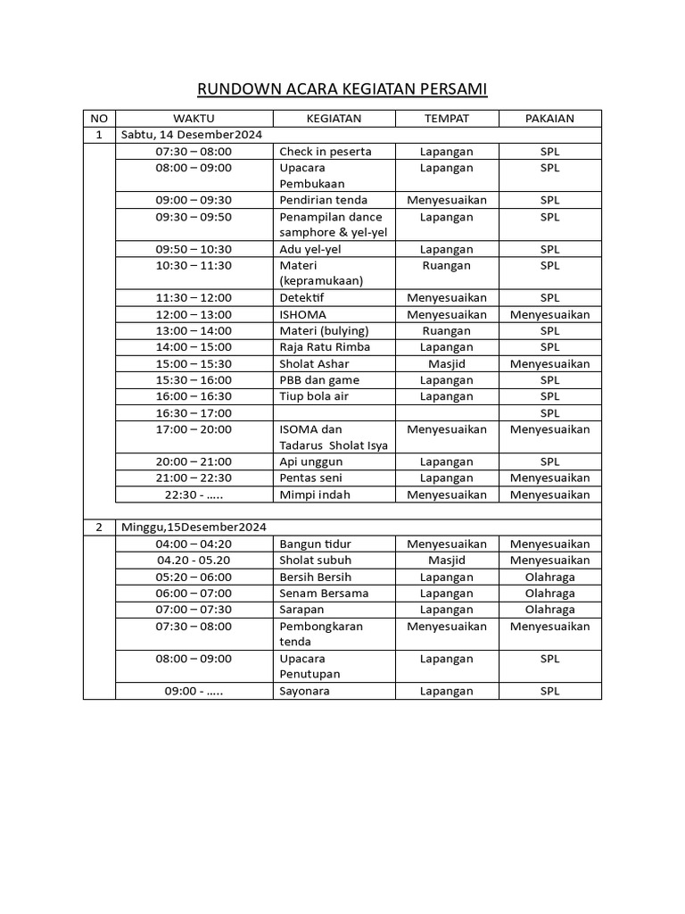 Rundown Kegiatan Persami 2024 | PDF