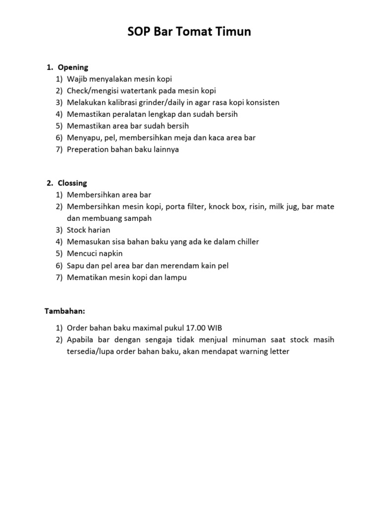 SOP Bar Tomat Timun | PDF