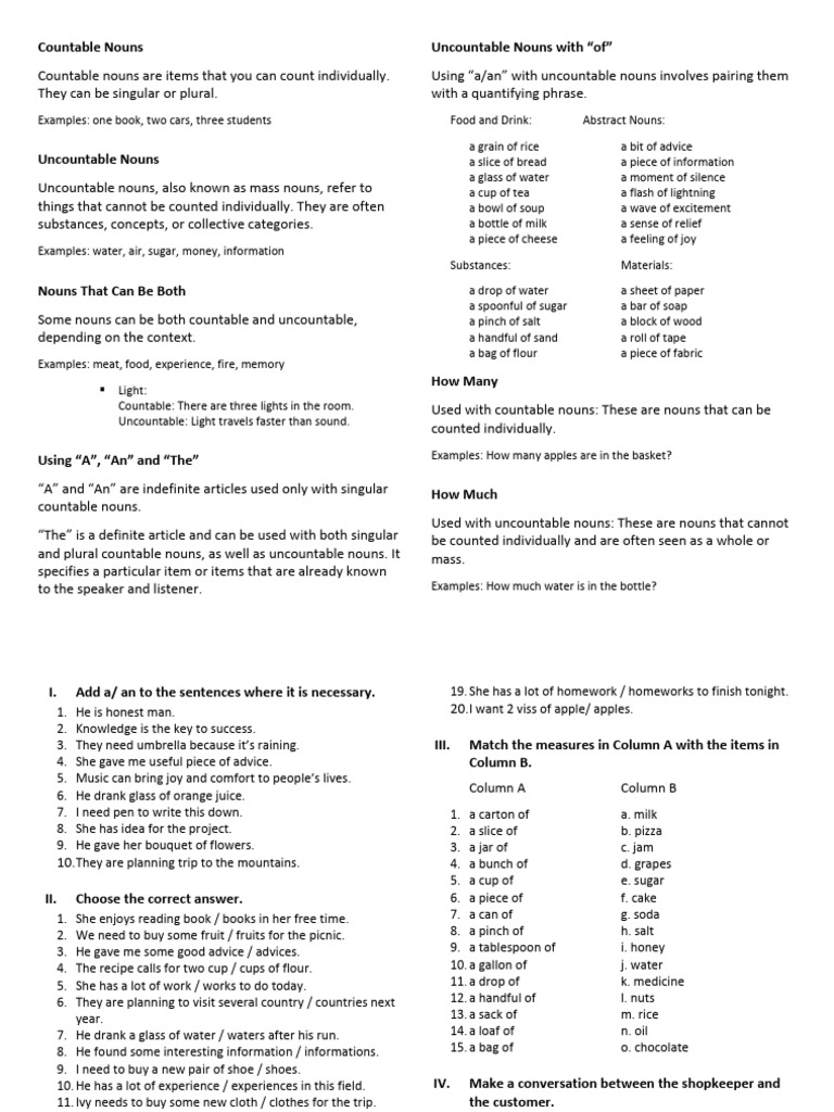 Countable and Uncountable Nouns Guide | PDF | Noun | Language Mechanics