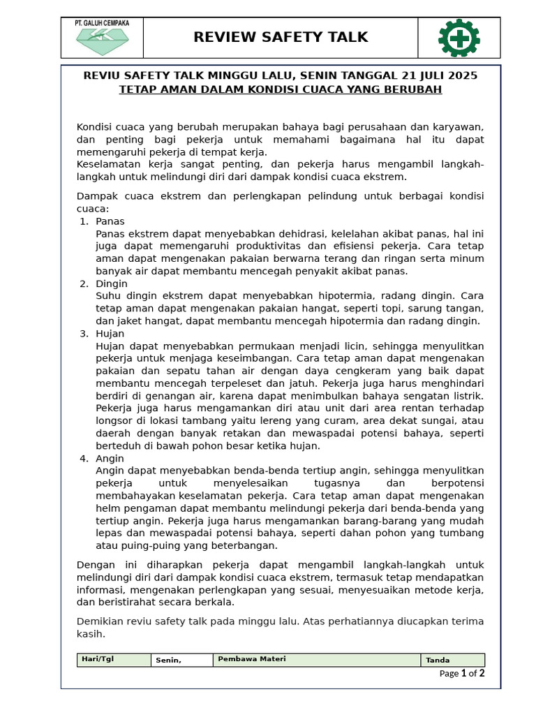 20250728 Review Materi Safety Talk_maintenance | PDF