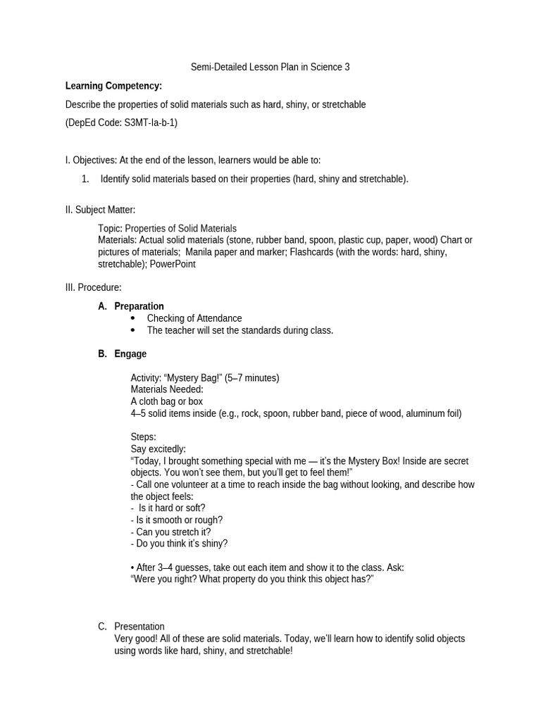 Lesson Plan Grade 3 (Describe Solid Materials) | PDF | Lesson Plan ...