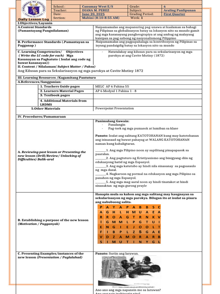 DLL AP 6 Q1 W1 D4 June 20 Araling Panlipunan | PDF