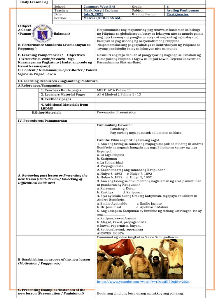 DLL-AP-6 - Q1-W3-D2 DLL AP 6 Q1 W1 D4 Araling Panlipunan | PDF