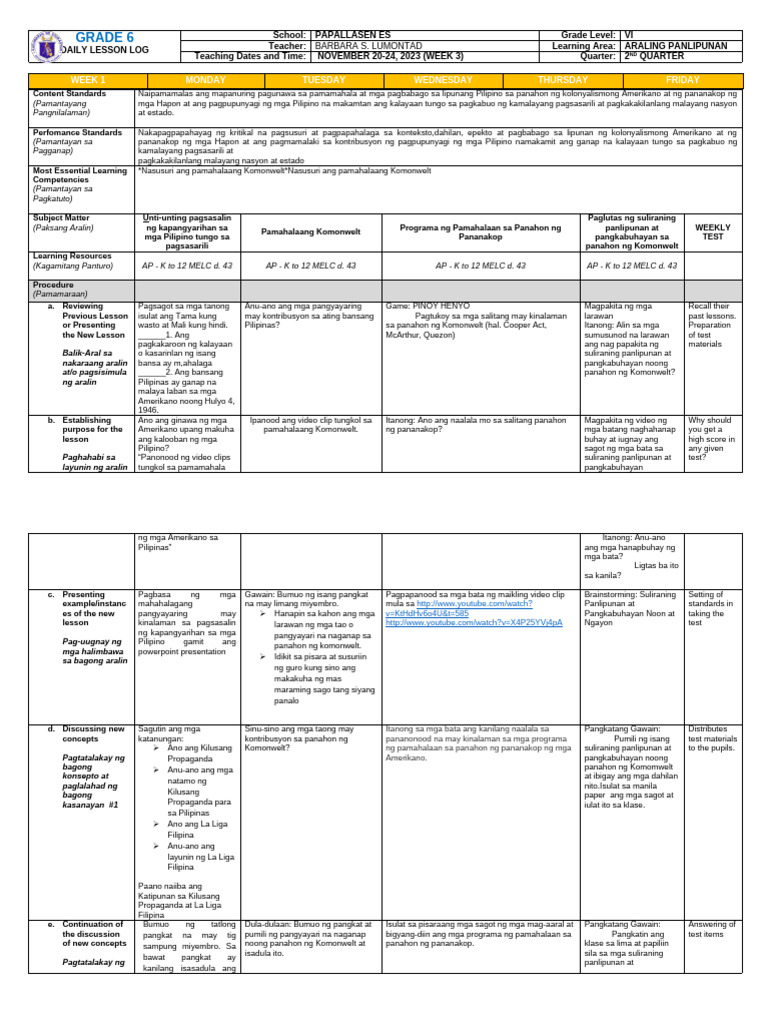 DLL AP 6 Week 3 - q2 | PDF