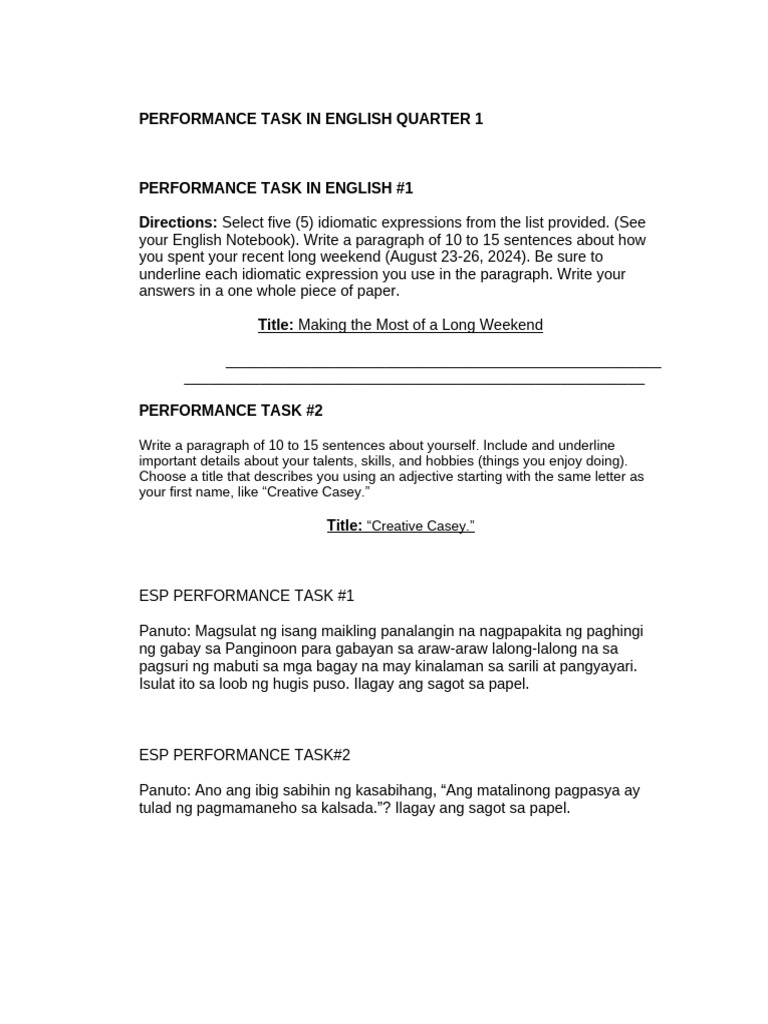 English Performance Tasks Overview | PDF