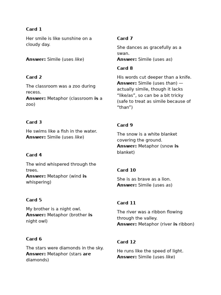 Simile and Metaphor Cards | PDF