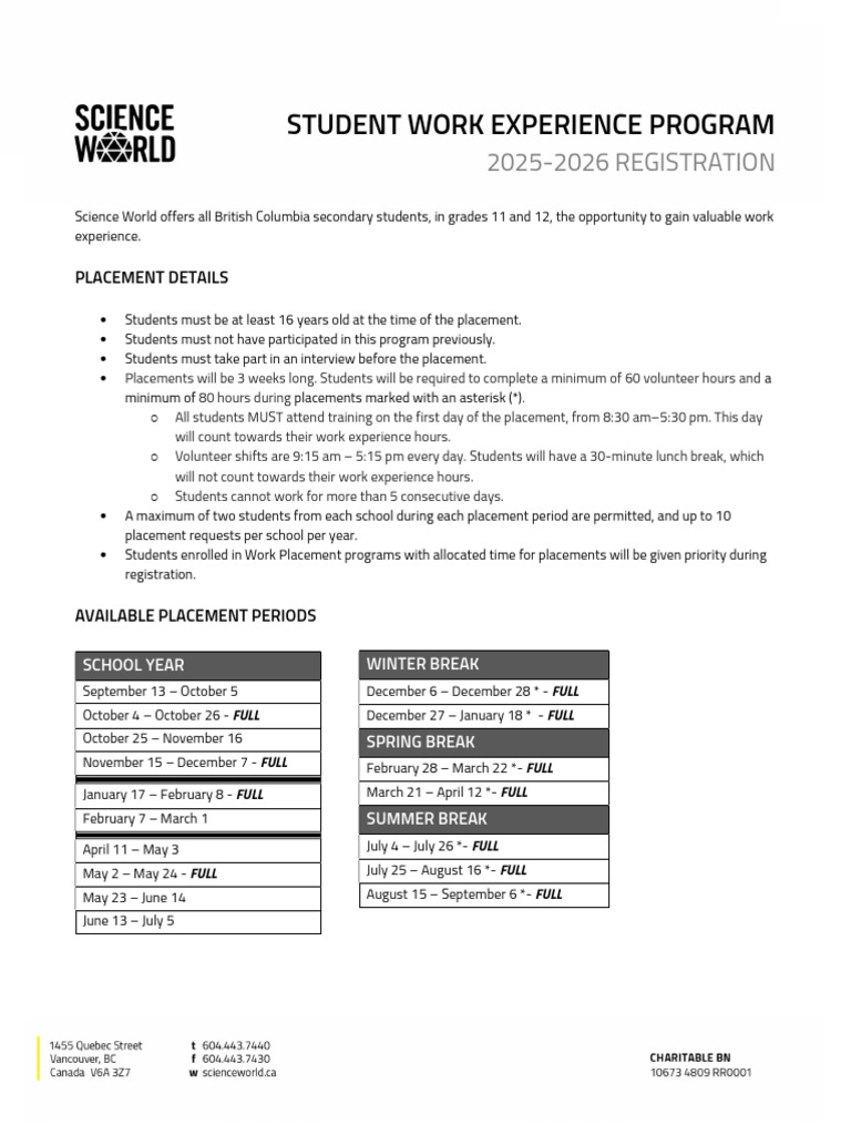 BC Student Work Experience 2025-2026 | PDF