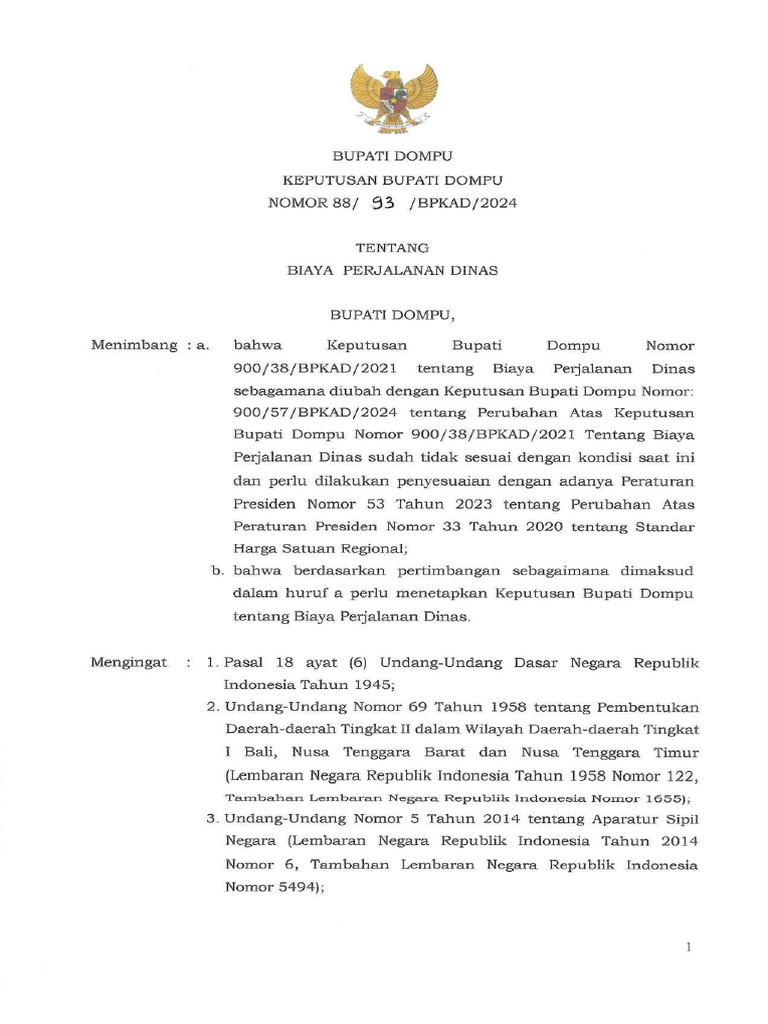 Biaya Perjalanan Dinas 2024 | PDF