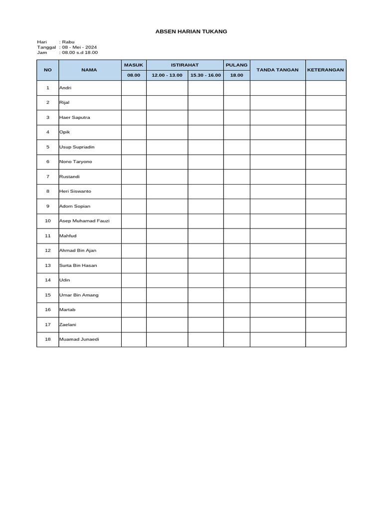 Absensi Harian Tukang | PDF