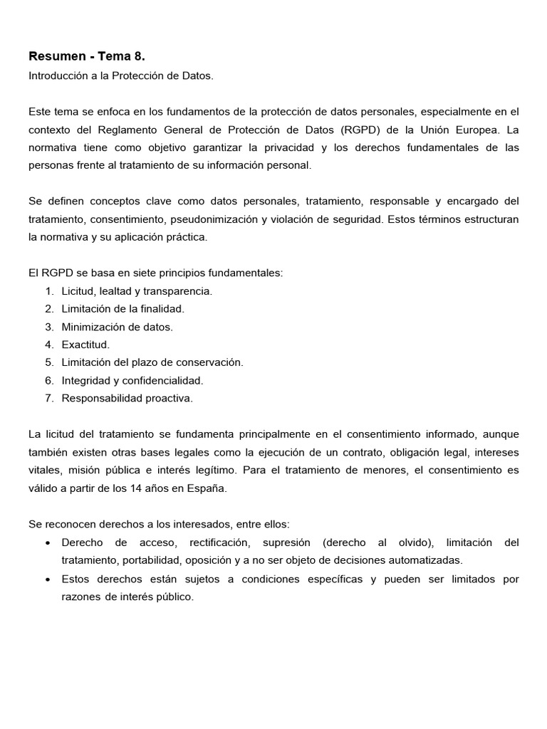 Resumen Tema8 Proteccion Datos | PDF | Etica social | Justicia
