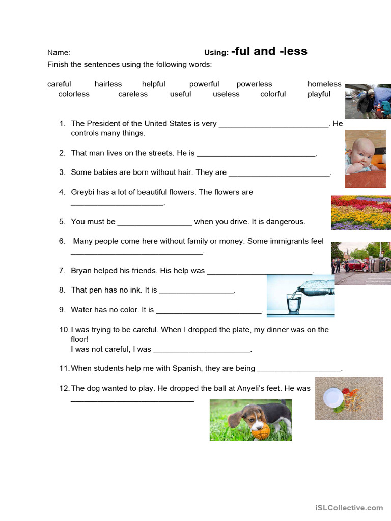 Sentence Completion with -ful and -less Words | PDF