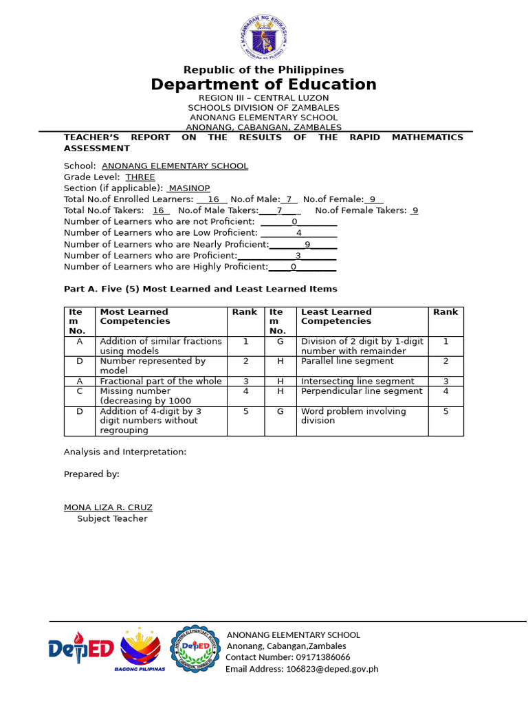 Rapid Math Assessment Report: Grade 3 | PDF