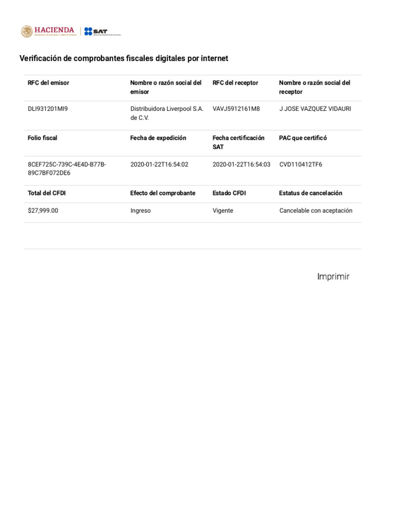 Verificación CFDI Distribuidora Liverpool | PDF