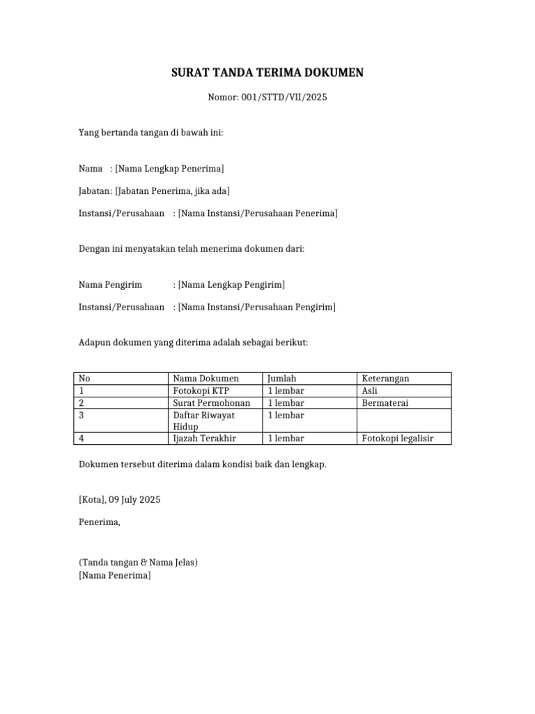 Contoh Surat Tanda Terima Dokumen | PDF