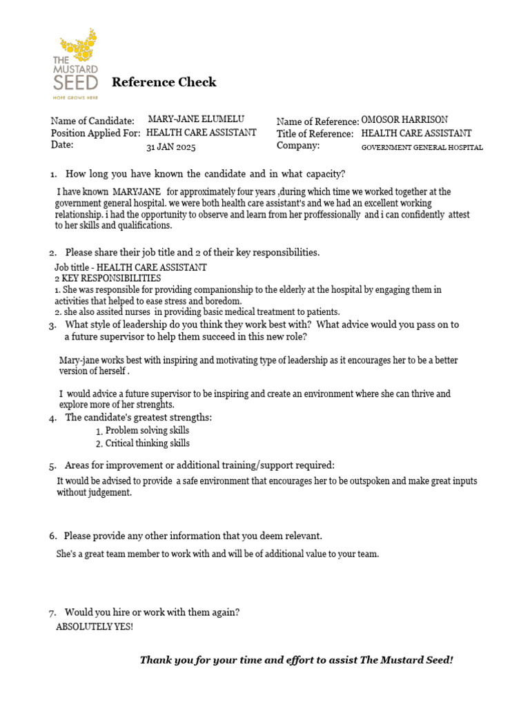 Reference Check for Health Care Assistant | PDF