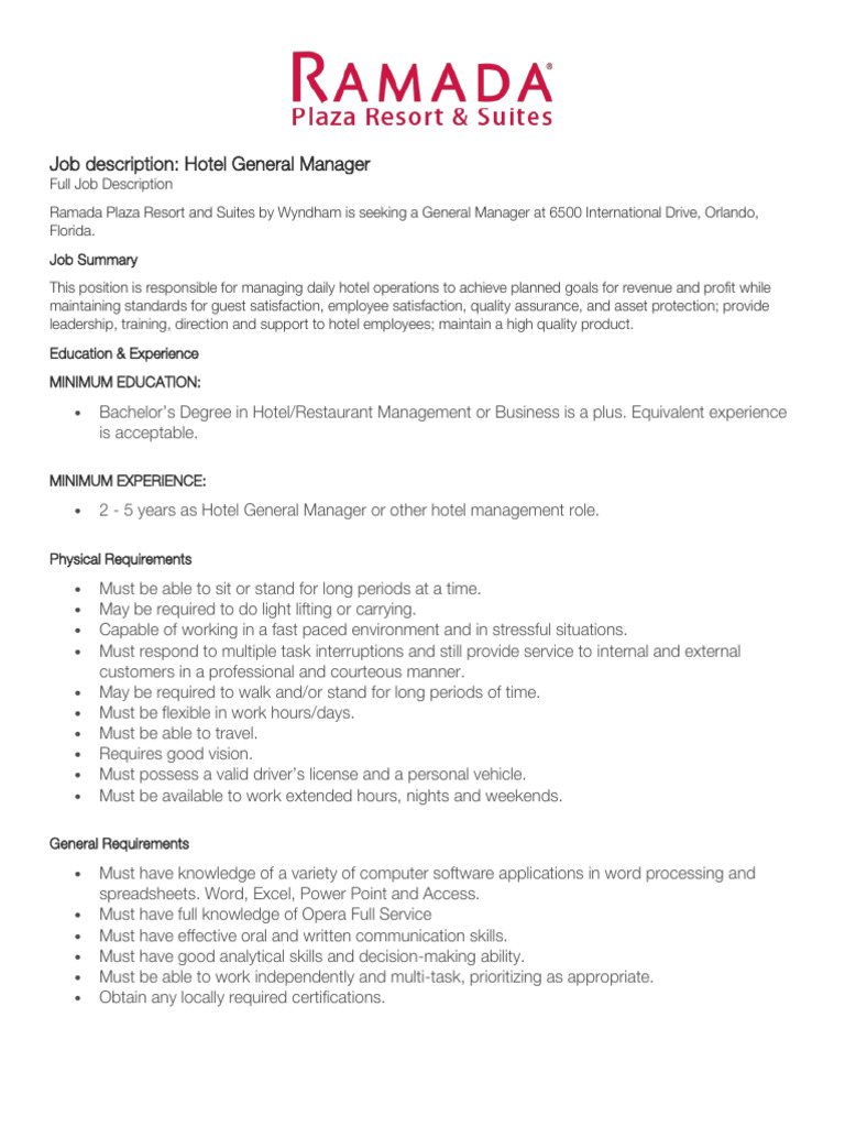Ramada Hotel General Manager | PDF | Employment | Human Resources