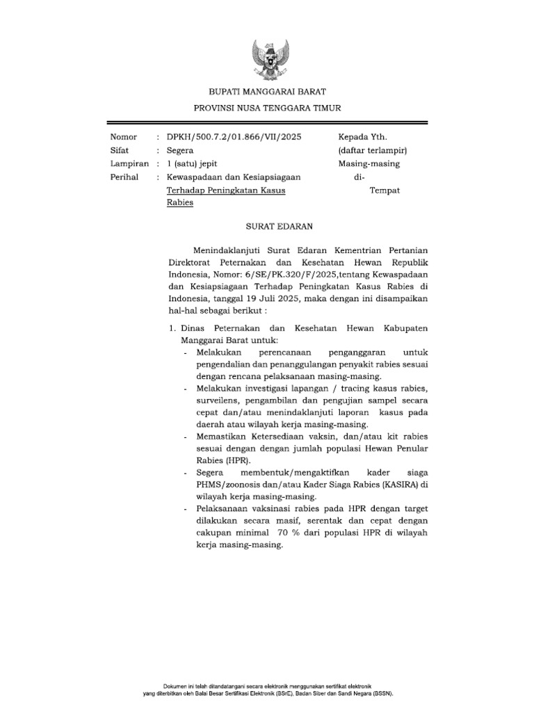 Surat Edaran Kewaspadaan Dan Kesiapsiagaan Terhadap Rabies | PDF