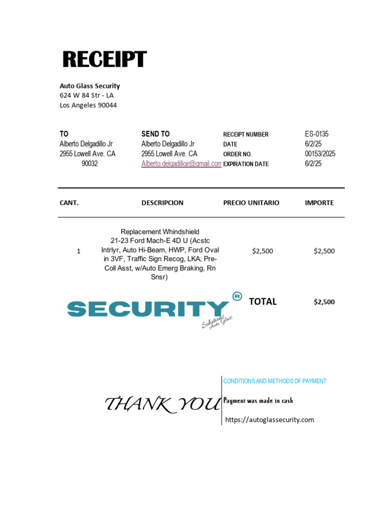 Auto Glass Replacement Receipt - $2500 | PDF