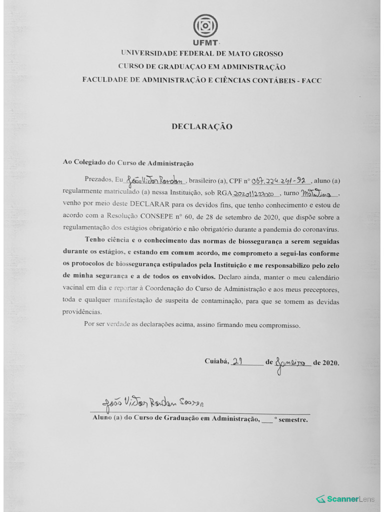 Declaração - João Victor Rondon | PDF