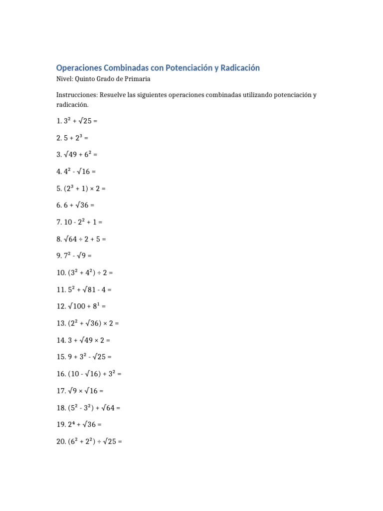 Ejercicios Potenciacion Radicacion 5to | PDF