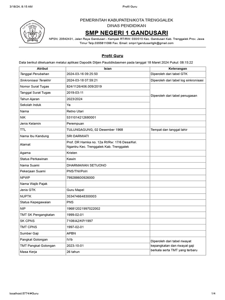 Profil Guru Retno Utari SMPN 1 Gandusari | PDF