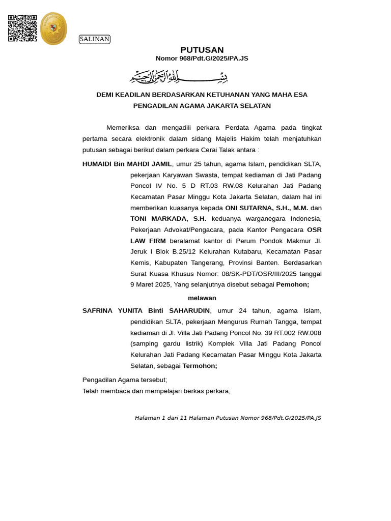 Putusan Cerai Talak Humaidi vs Safrina | PDF