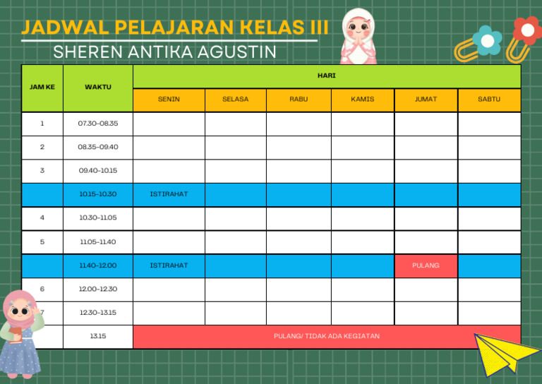 Hijau Bergaris Tabel Jadwal Pelajaran Sekolah Dasar Kelas VI | PDF