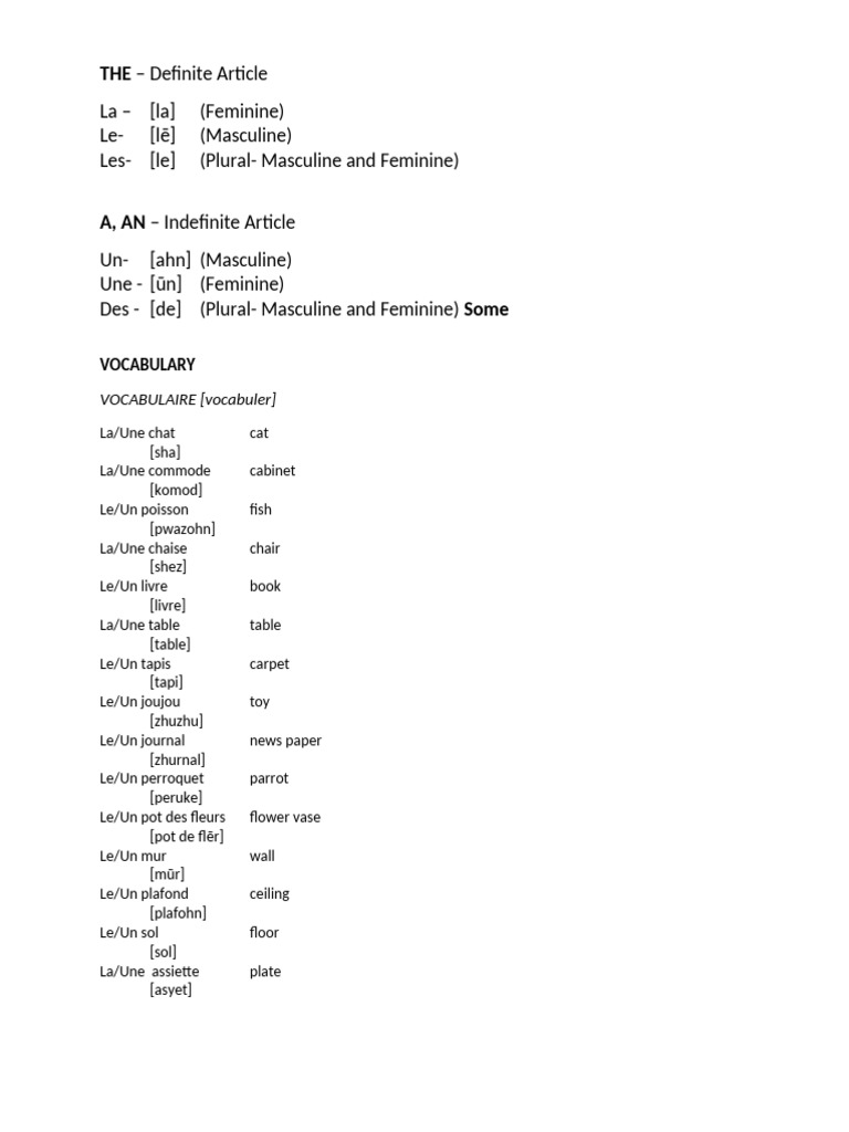 Articles et vocabulaire français | PDF