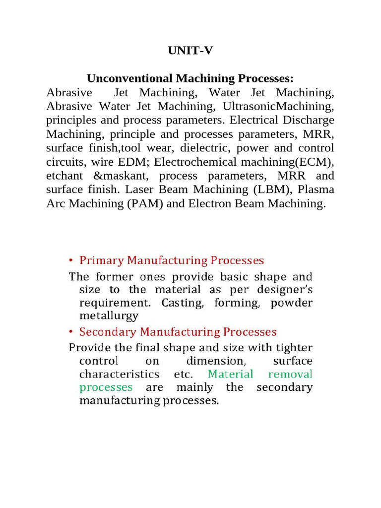 UNIT 5 PART A Unconventional Machining Process | PDF