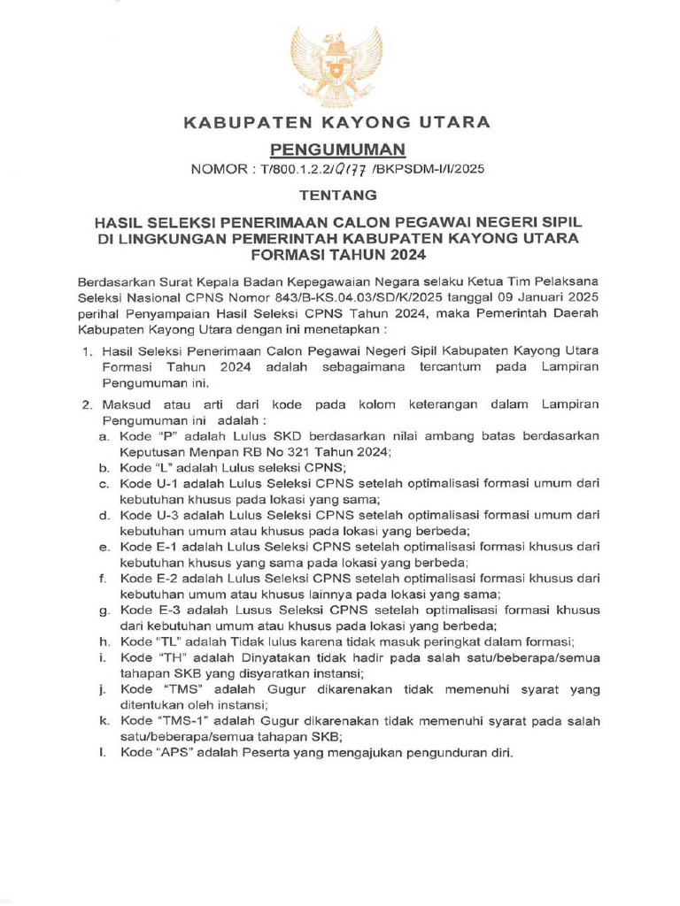 Hasil Seleksi CPNS Kayong Utara 2024 | PDF