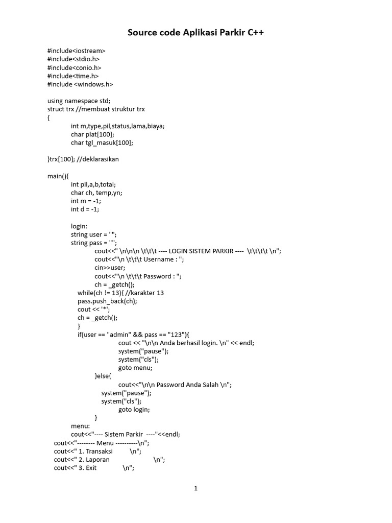 Source Code Aplikasi Parkir C++ | PDF | Computer Programming | C++