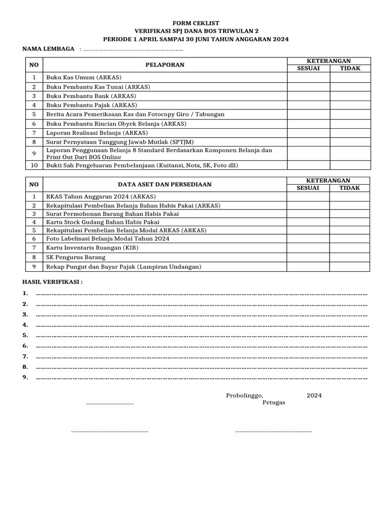 ! Form Ceklist Verifikasi Spj Triwulan 2 2024 | PDF