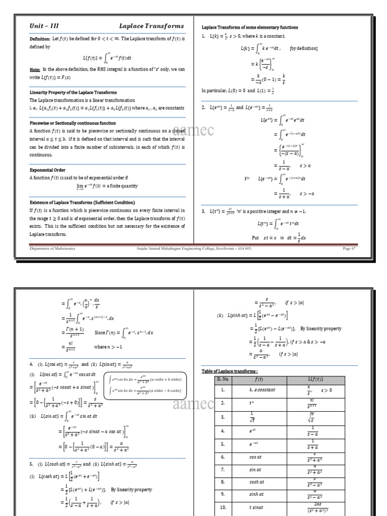 6 Unit III Laplace Transform | PDF | Laplace Transform | Function (Mathematics)