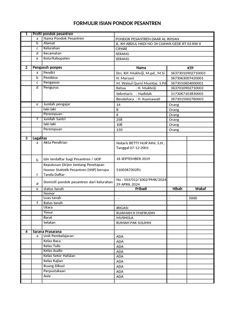 FORMULIR ISIAN PONDOK PESANTREN | PDF