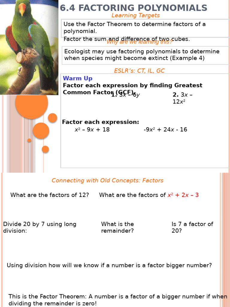 6.4 A2 Factoring Polynomials Powerpoint | PDF | Factorization | Zero Of ...