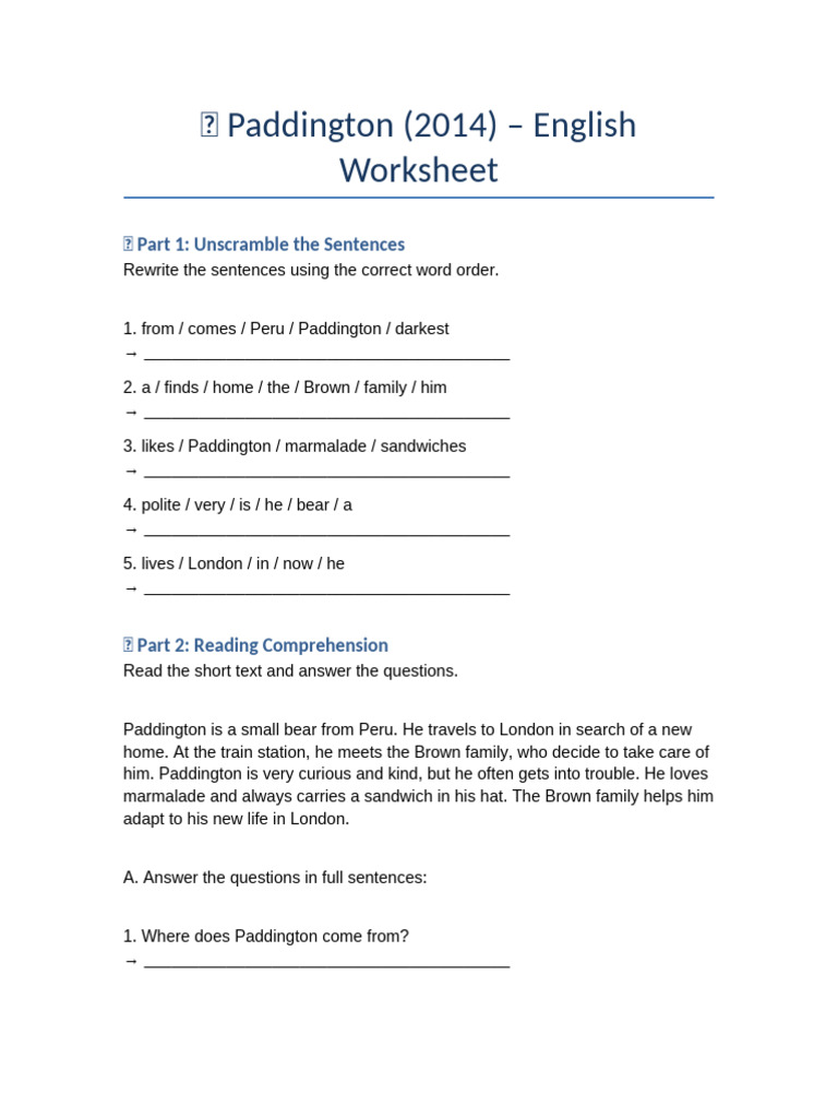 Paddington Worksheet | PDF
