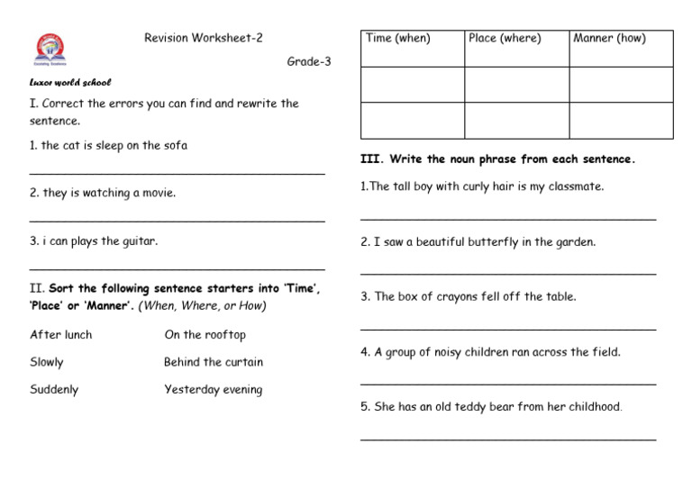 Grade 3 Grammar Revision Worksheet | PDF