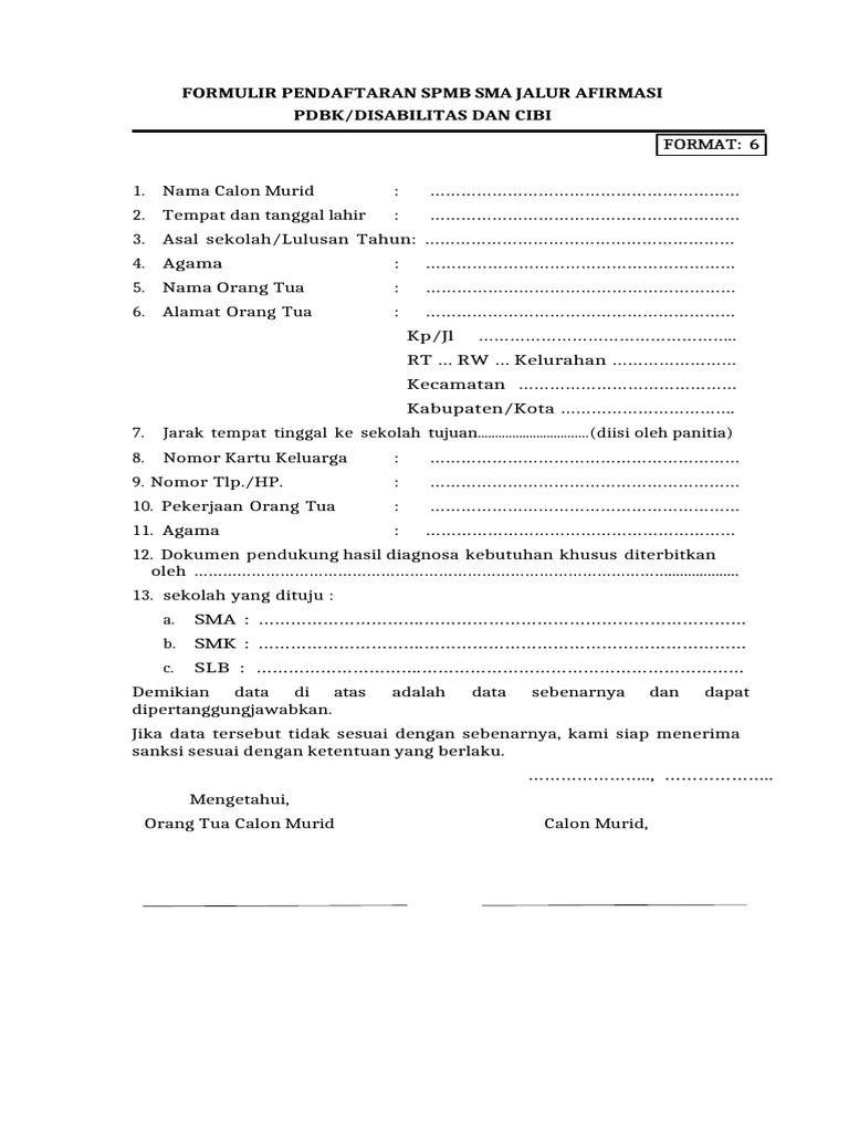 Formulir Pendaftaran SPMB Sma Jalur Afirmasi PDBK Disabilitas Dan Cibi ...