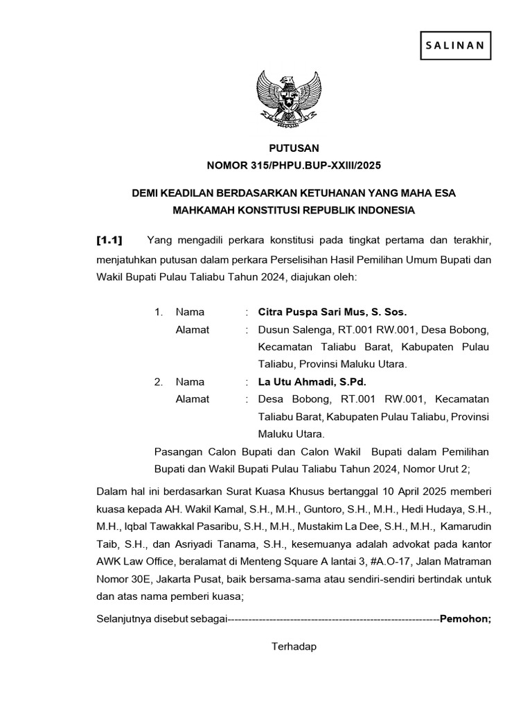 Putusan PHPU Nomor 315/PHPU - BUP-XXIII/2025 | PDF