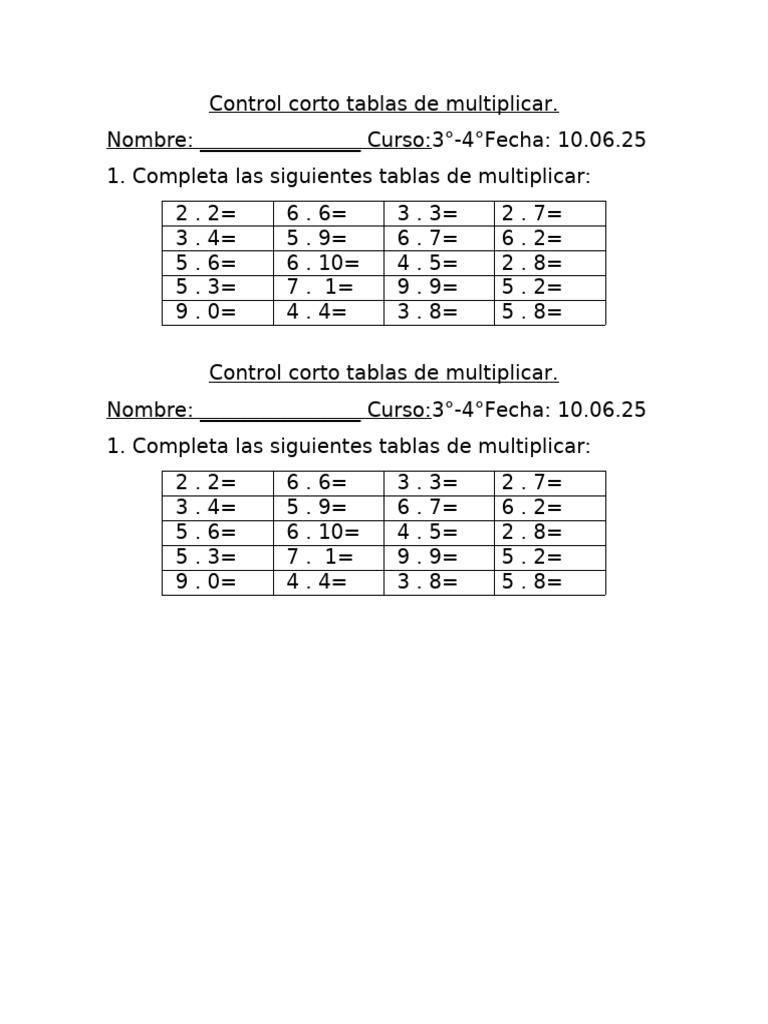 Control Corto Tablas de Multiplicar N°1 | PDF