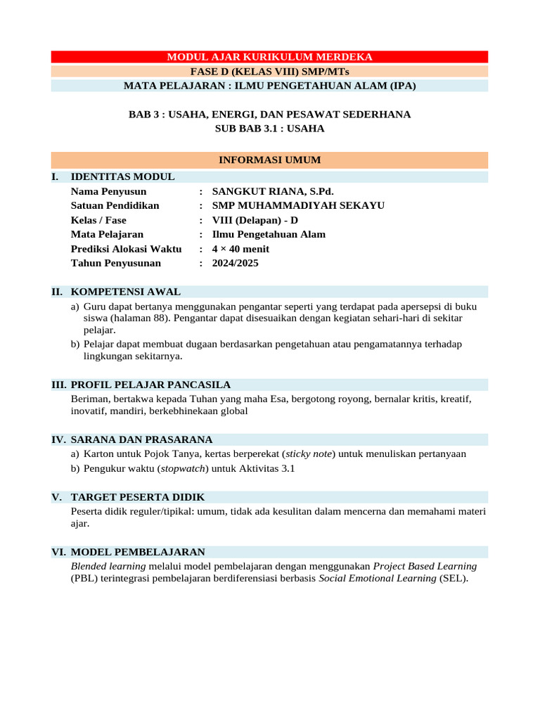 Modul IPA Kelas VIII: Usaha dan Energi | PDF