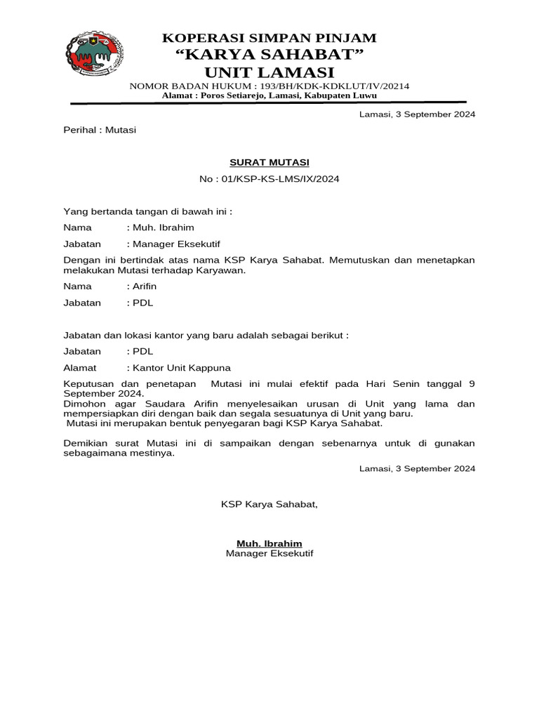 Surat Mutasi Karyawan KSP Karya Sahabat | PDF