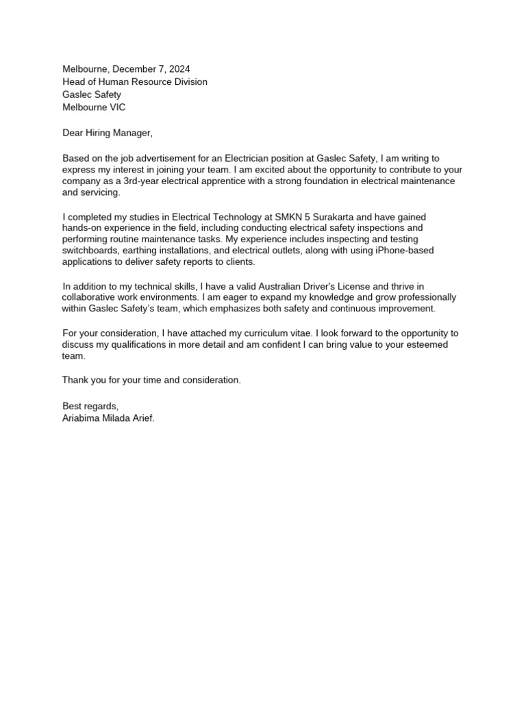 EnglishTaskapplicationletter Ariabima M.A | PDF