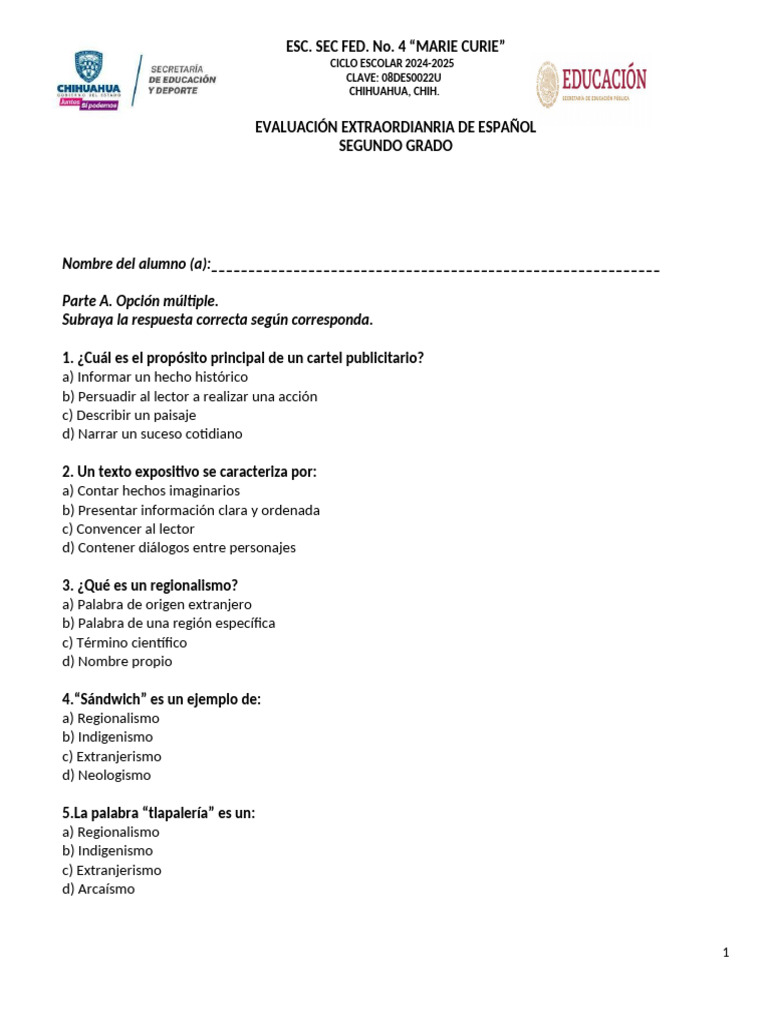 Examen Extraordinario Español 2 Sec 2025 | PDF | Lengua española ...