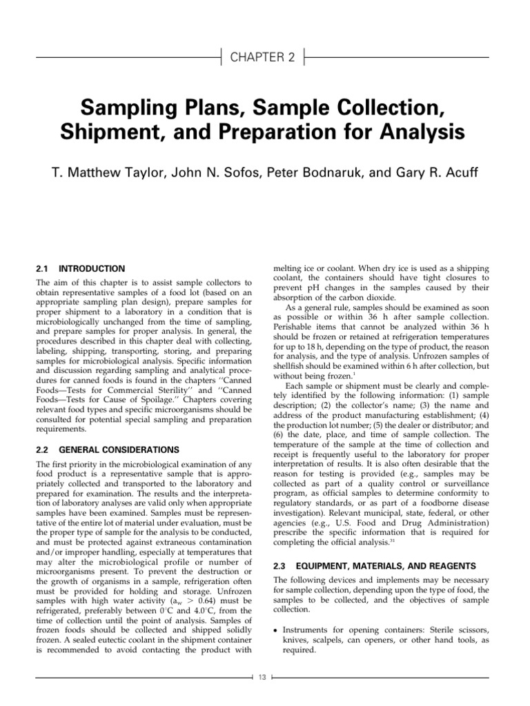 CHAP 2. Sampling Plans Sample Collection Shipment and Preparation For Analysis | PDF ...