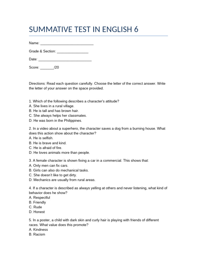 English 6 Summative Test Answer Key | PDF