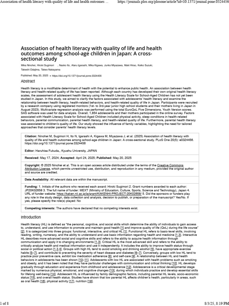 Association of Health Literacy With Quality of Life and Health Outcomes ...