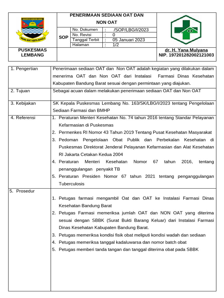 TB - Sop Penerimaan Oat Dan Non Oat | PDF