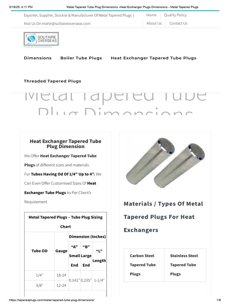 Metal Tapered Tube Plug Dimensions -Heat Exchanger Plugs Dimensions ...