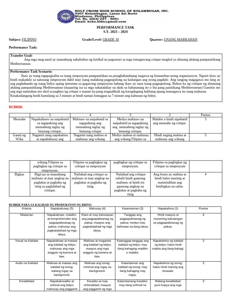 Filipino 10 Perfomance Task | PDF